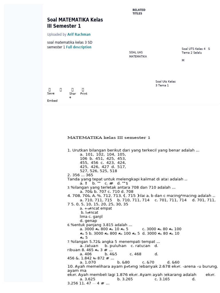 PDF Soal Matematika Kelas III Semester 1 - Compress | PDF