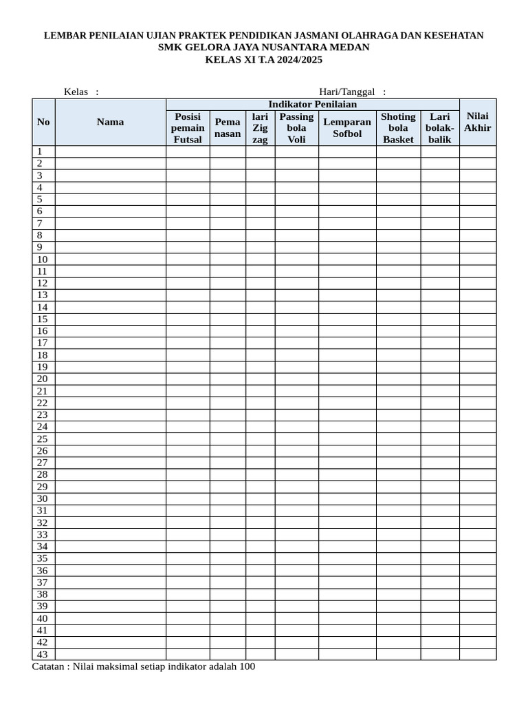 Kelas Xi Lembar Penilaian Ujian Praktek Pjok | PDF