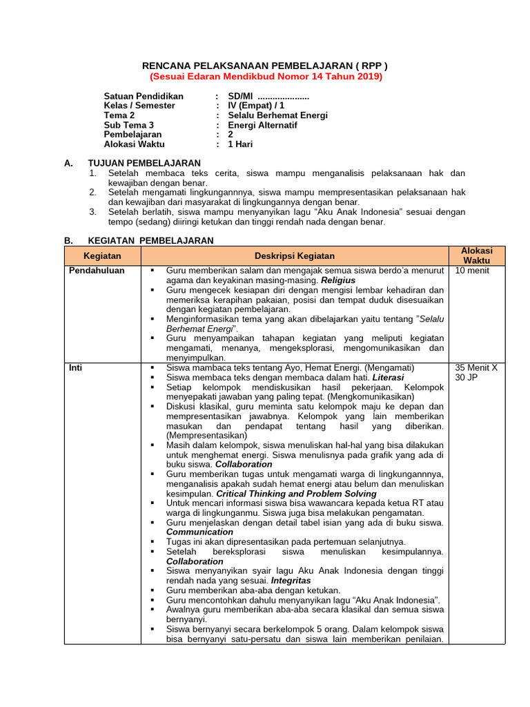 (Sesuai Edaran Mendikbud Nomor 14 Tahun 2019) : Rencana Pelaksanaan ...