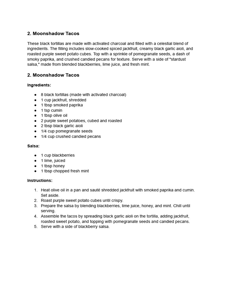 Moonshadow Tacos: Ingredients | PDF