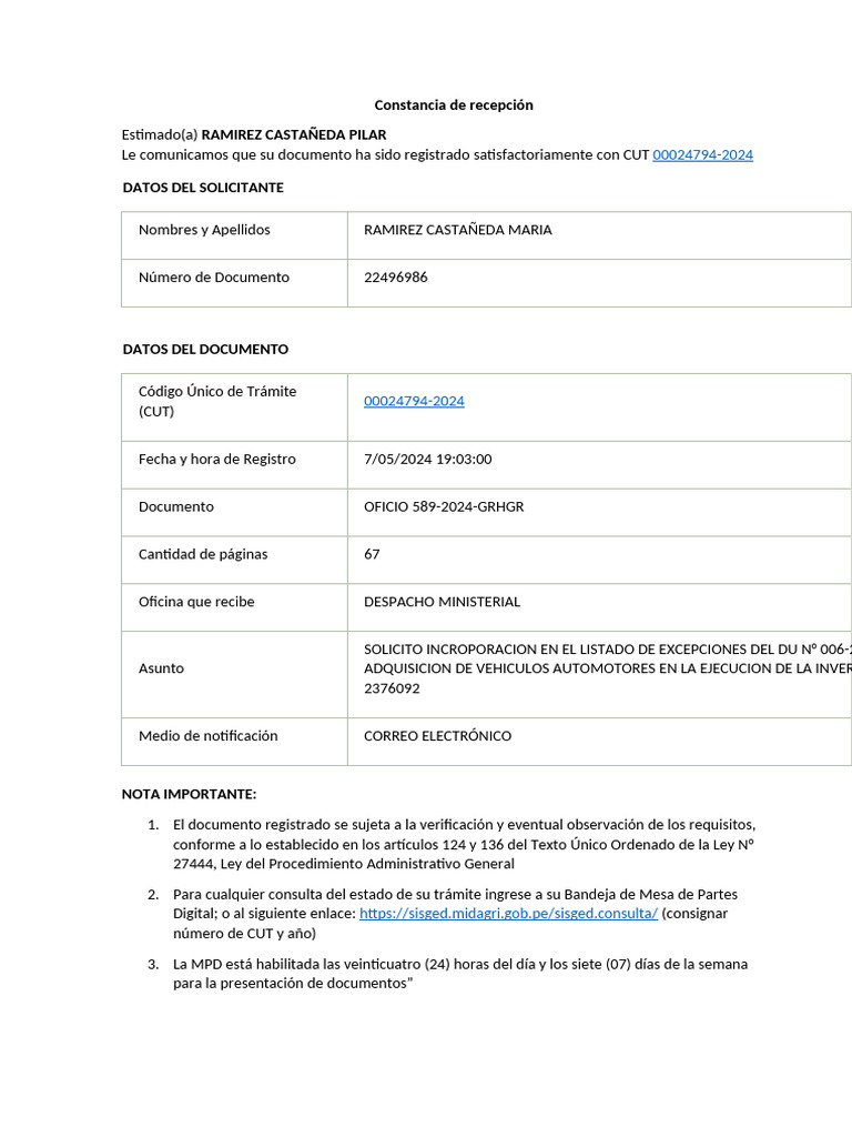 Constancia de Recepción | PDF