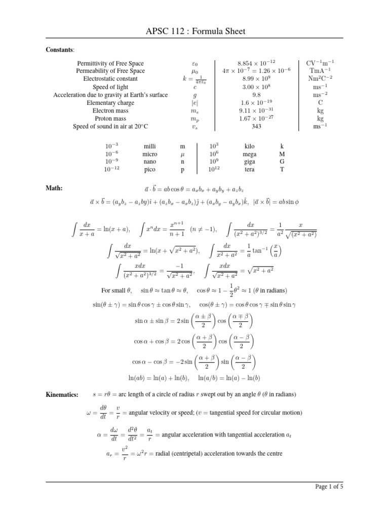 APSC 112 Formula-Sheet 2024 | PDF | Acceleration | Euclidean Geometry