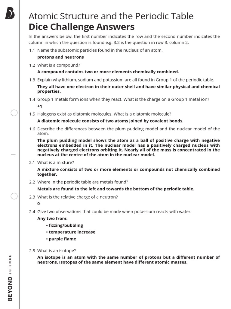 AQA Atomic Structure and The Periodic Table Revision Game Answers | PDF | Atoms | Periodic Table