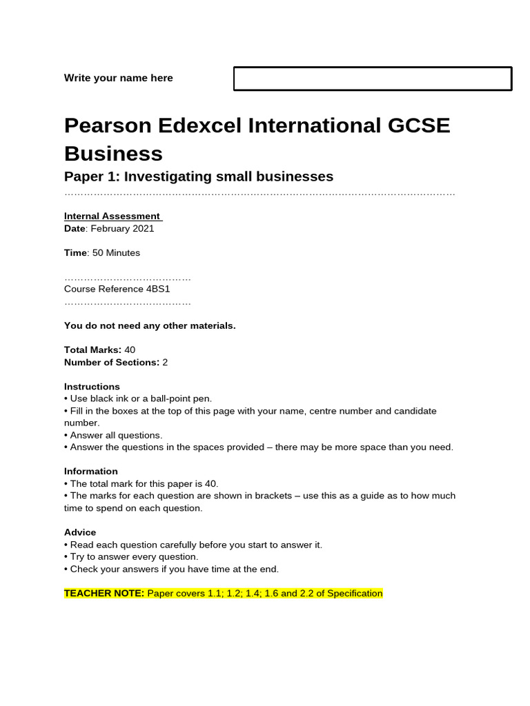 Pearson Edexcel International GCSE Business: Paper 1: Investigating ...