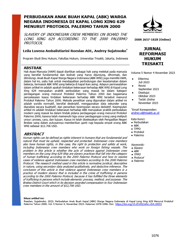 Perbudakan Anak Buah Kapal (Abk) Warga Negara Indonesia Di Kapal Long Xing 629 Menurut Protokol ...