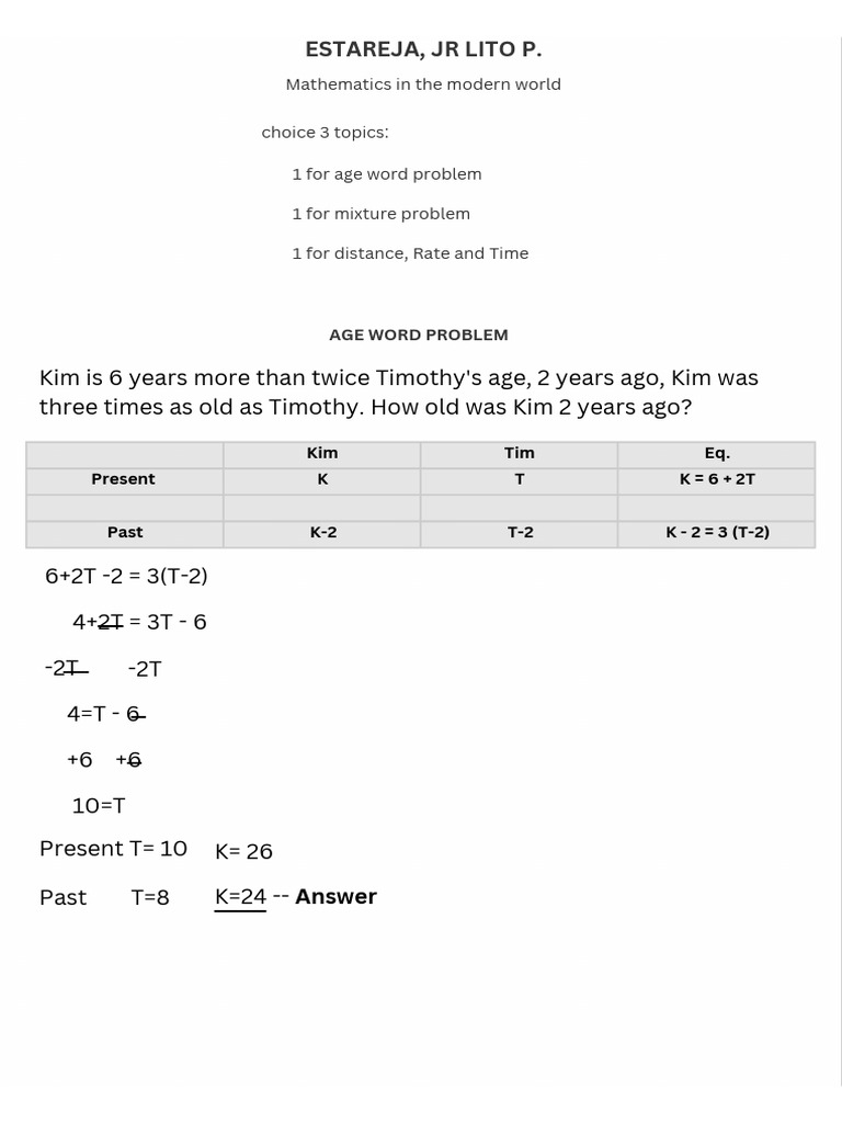 Solving: Age Word Problem, Mixture Problem, Distance Rate and Time Problem | PDF | Language Arts ...