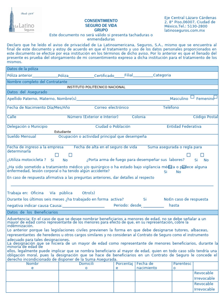 Formato para Imprimir Seguro de Vida Grupo 2 | PDF | Póliza de seguros ...