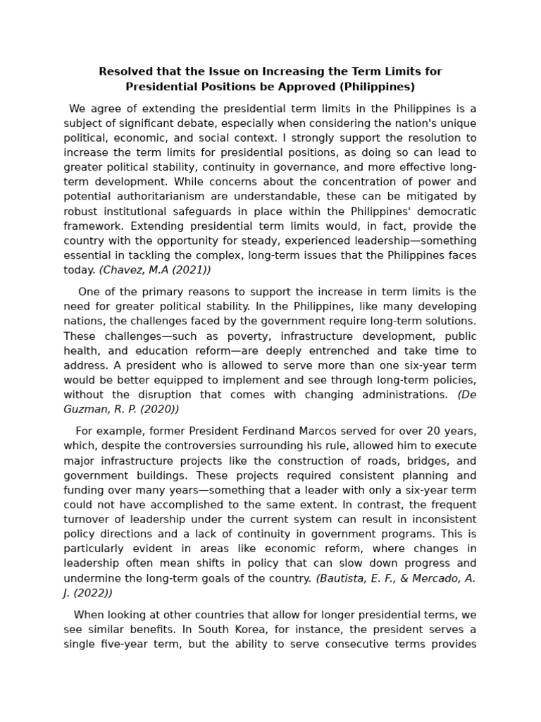 Resolved That The Issue On Increasing The Term Limits For Presidential Positions Be Approved ...