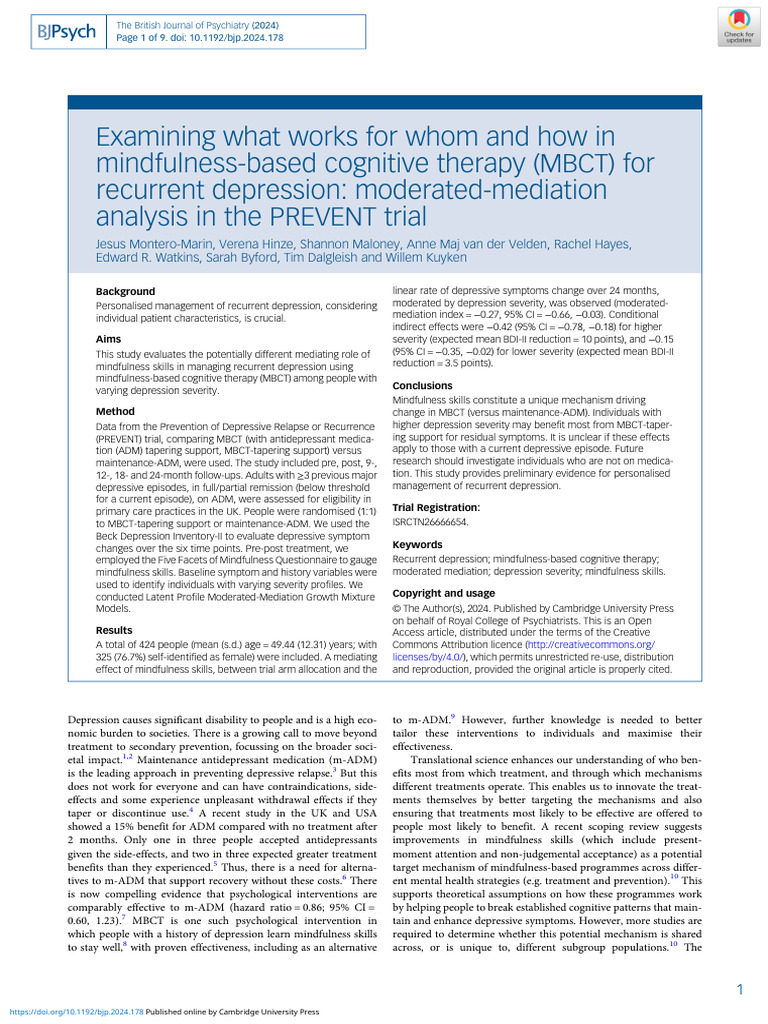 Examining What Works For Whom and How in Mindfulness Based Cognitive Therapy MBCT For Recurrent ...