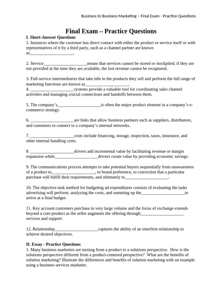 B2B Marketing Exam Practice Questions | PDF | Marketing | Sales