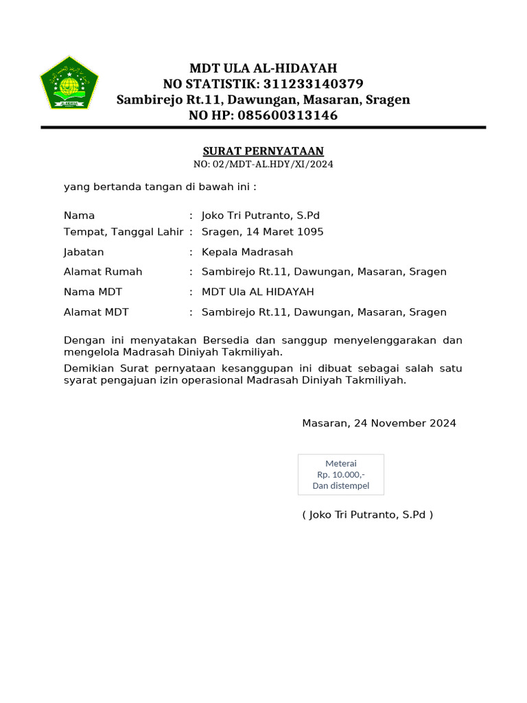Surat Pernyataan Mdt 2 | PDF