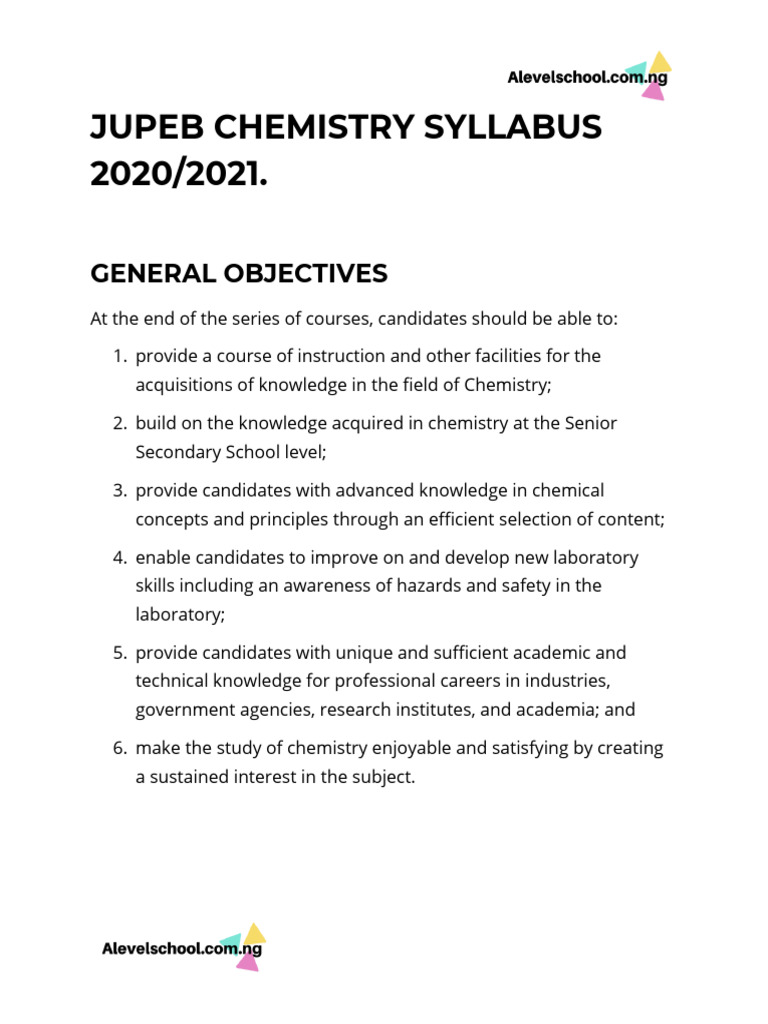 Jupeb Chemistry Syllabus 2020 - 2021 | PDF | Chemical Equilibrium | Ionic Bonding