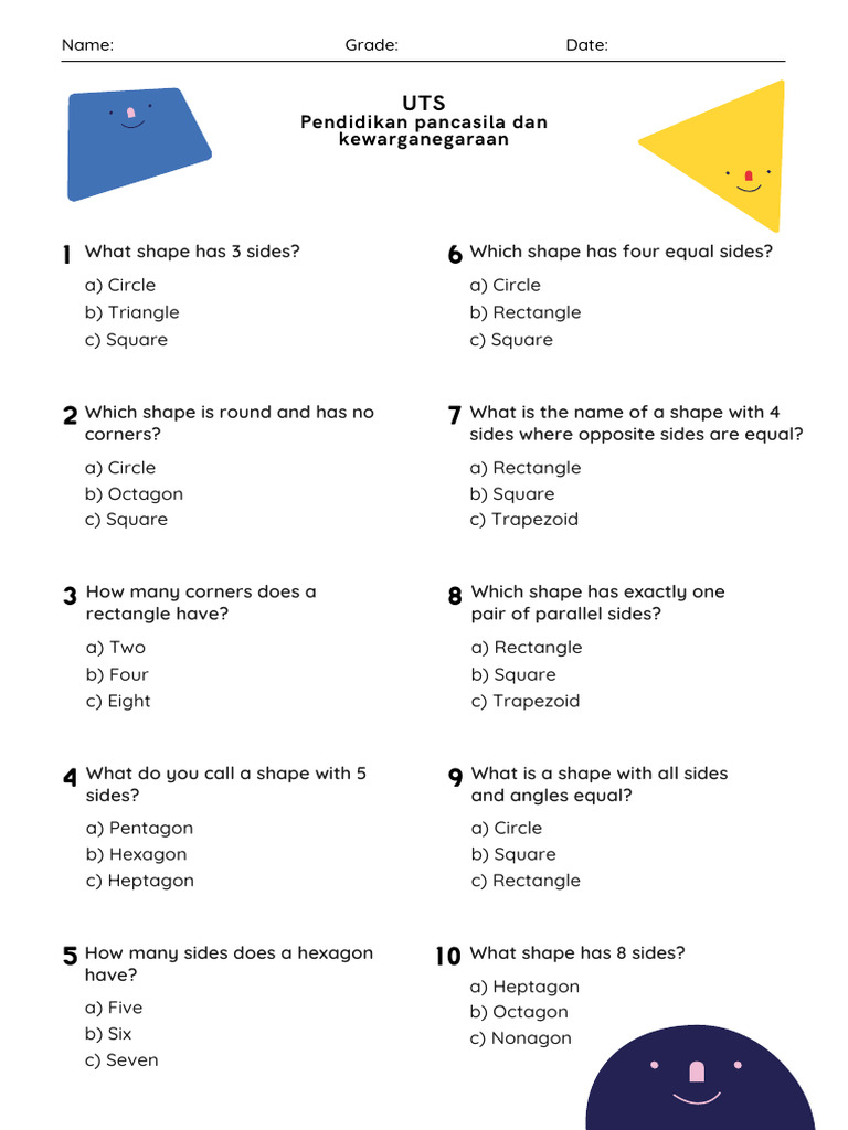 2D Shapes Multiple Choice Quiz Worksheet in Colorful Simple Style | PDF ...