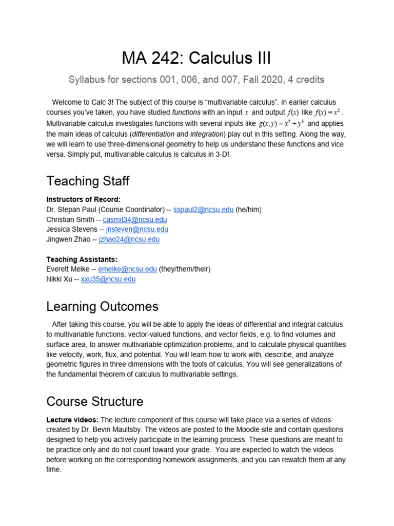 MA 242 Instructor Syllabus Fall 2020 | PDF | Calculus | Multivariable ...