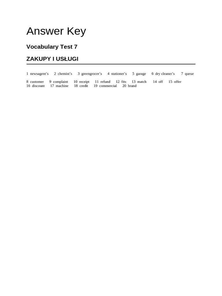 Answer Key Vocabulary Test 7 | PDF