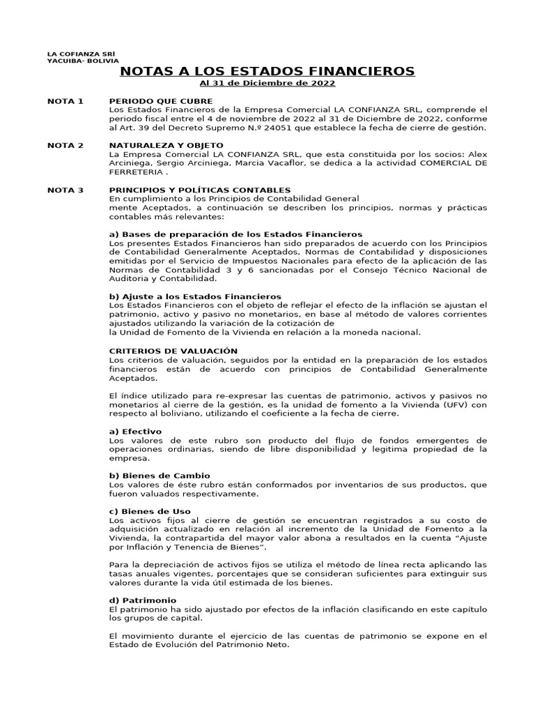 Notas A Los Eeff-22222 | PDF | Contabilidad | Estado financiero