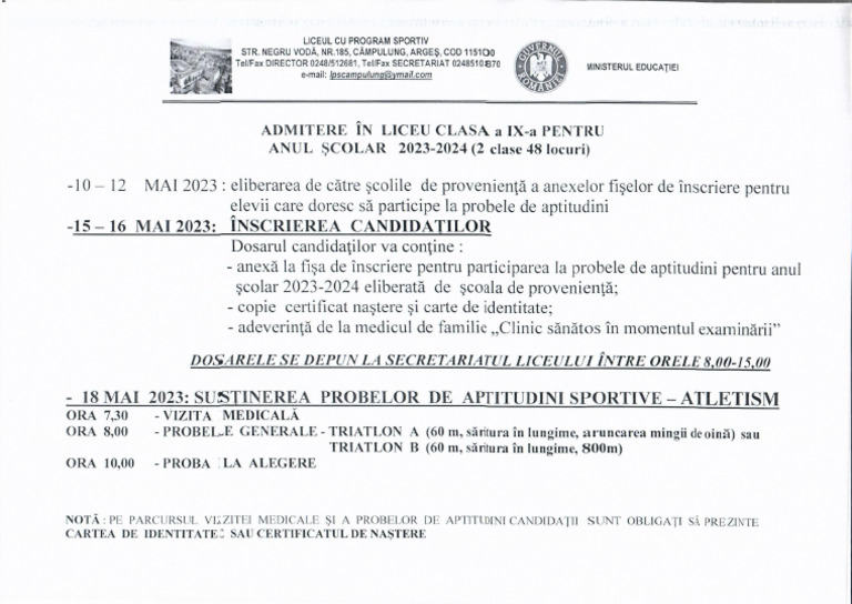 Admitere Liceu Clasa A IX A An Scolar 2023 2024 | PDF