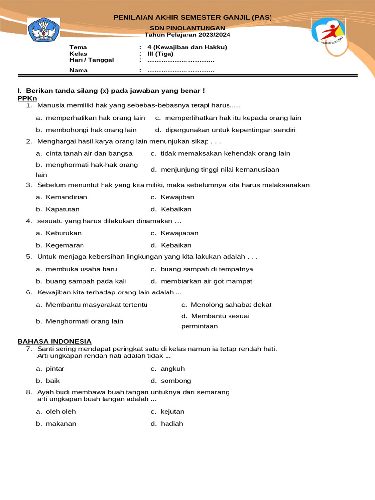 SOAL PAS KELAS 3 TEMA 4 Fix | PDF