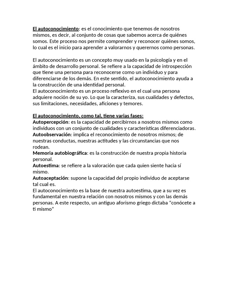 El Autoconocimiento | PDF | Crecimiento personal y profesional | Relaciones personales, crianza ...