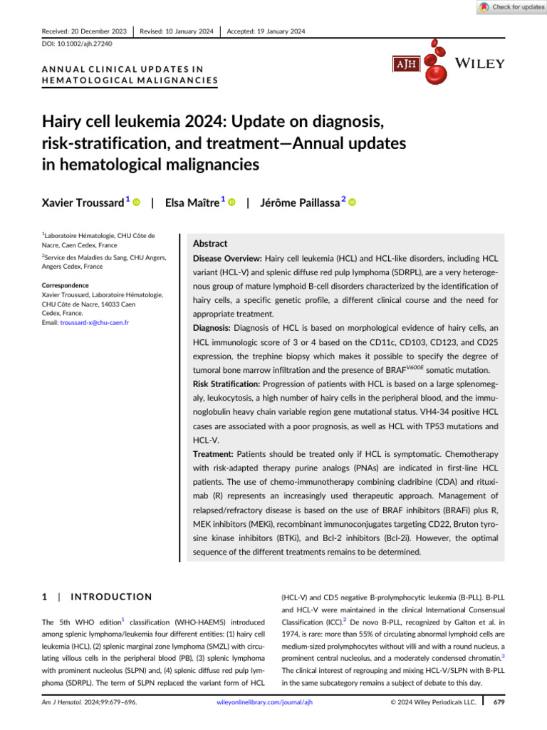 American J Hematol - 2024 - Troussard - Hairy Cell Leukemia 2024 Update On Diagnosis Risk ...