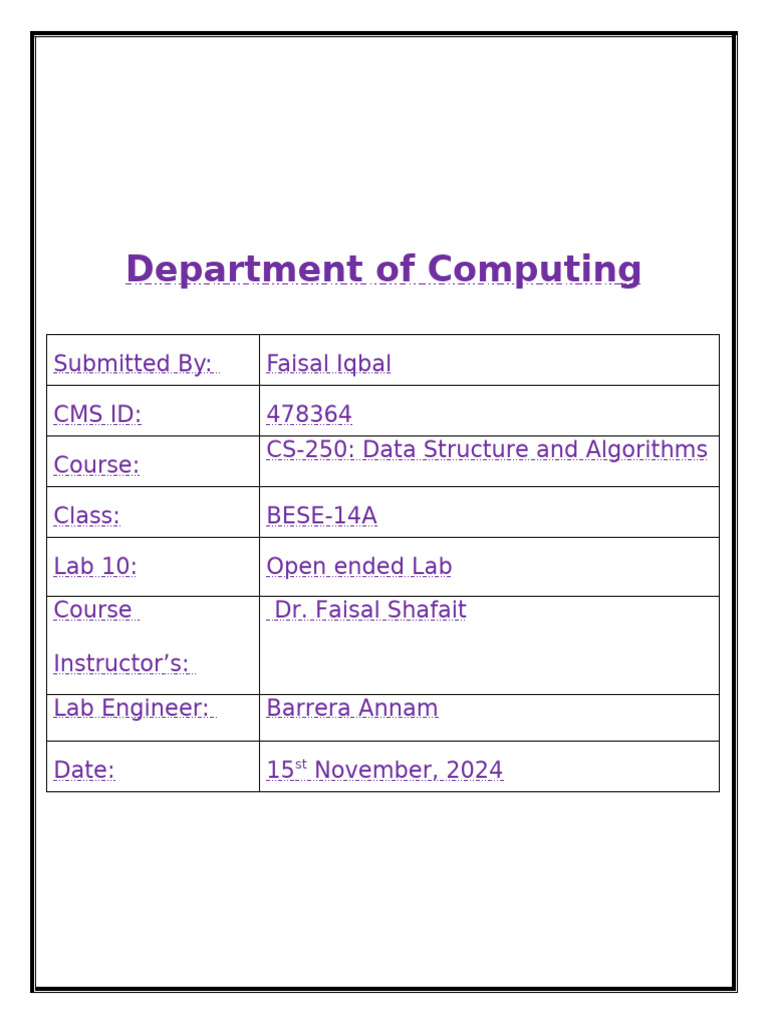 Faisal Iqbal ID 478364 Lab10 DSA-SE14AB-BA | PDF | Computer Programming | Computing