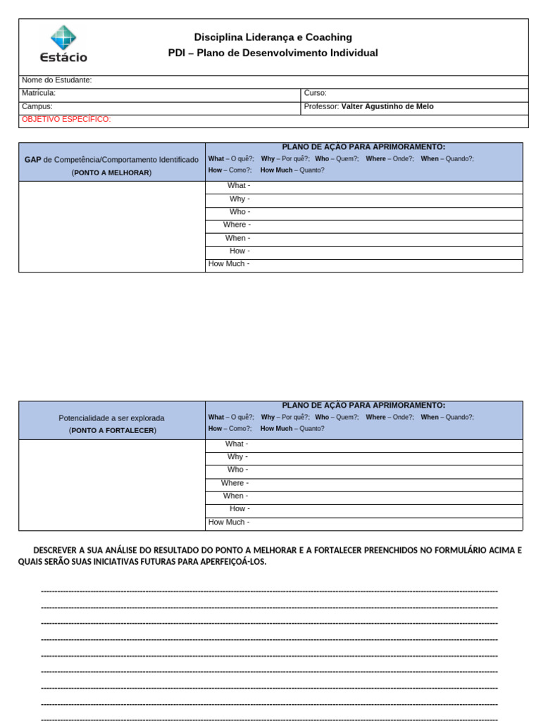 MODELO - Formul Rio PDI Plano de Desenvolvimento Individual | PDF
