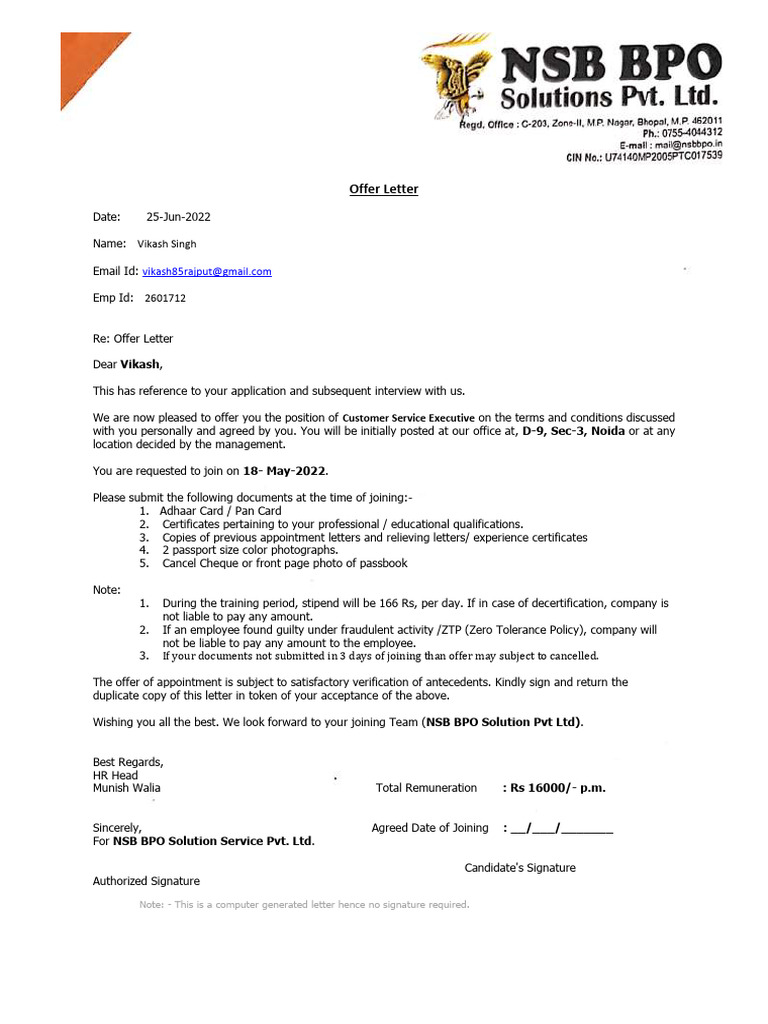 Vikash Singh Offer Letter | PDF | Career & Growth