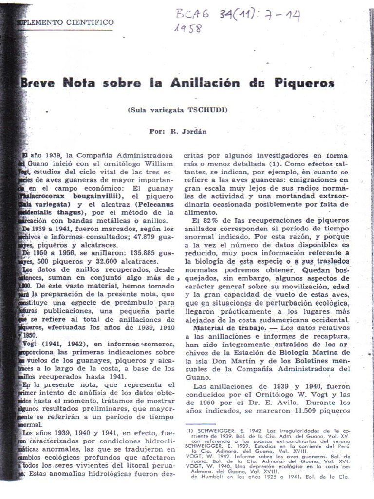 Jordán 1958 Breve Nota Sobre La Anillación de Piqueros BCAG | PDF