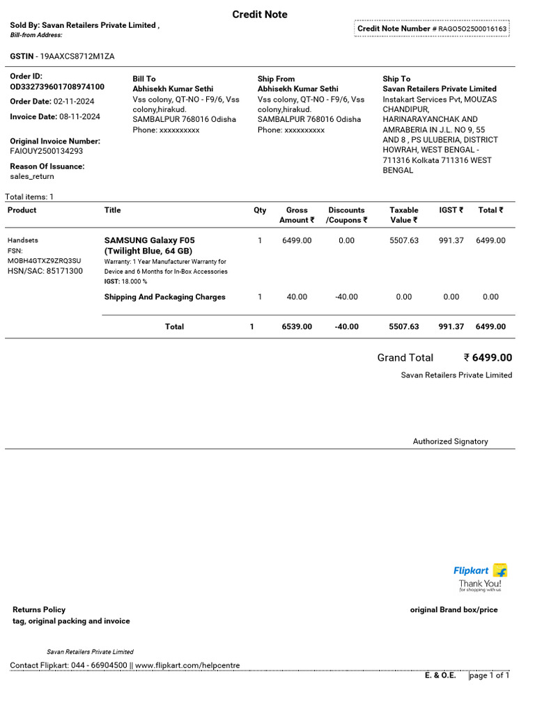 Samsung Galaxy F05 Invoice Details | PDF | Coupon