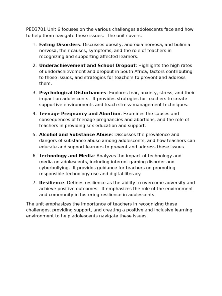 PED3701 Unit 6 Focuses On The Various Challenges Adolescents Face and ...