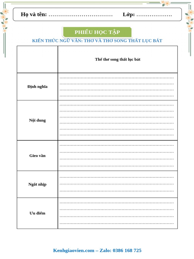 PHT Ngu Van 9 CD Bai 1 Kien Thuc Ngu Van Tho Va Tho Song Luc Bat | PDF