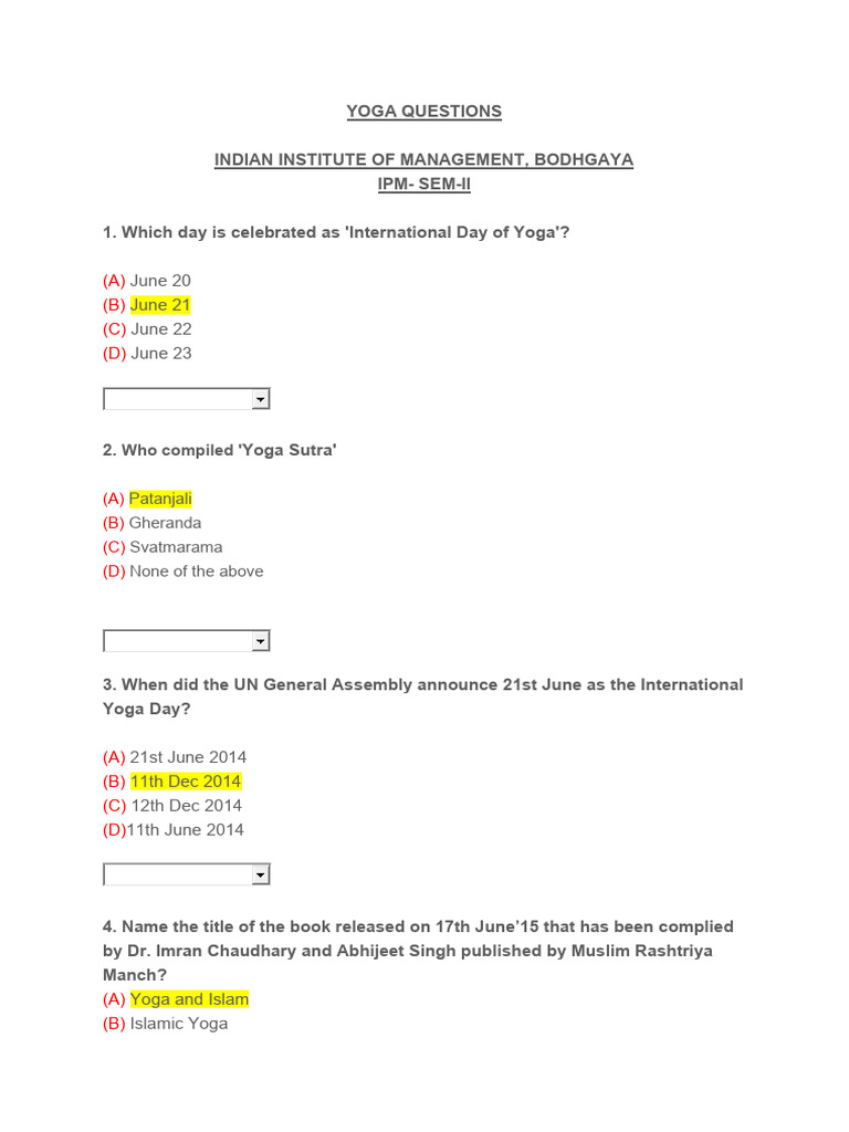 Yoga Knowledge Assessment Questions | PDF | Yoga | Asana