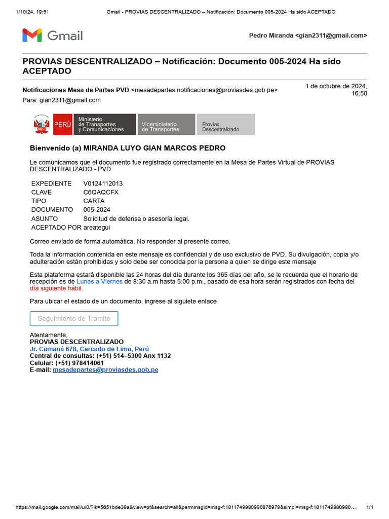 Gmail - PROVIAS DESCENTRALIZADO - Notificación - Documento 005-2024 Ha Sido ACEPTADO | PDF
