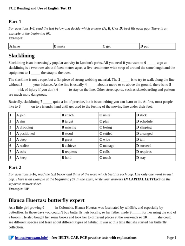 FCE Reading Test: Slacklining & Butterflies | PDF | Plastic | Adjective