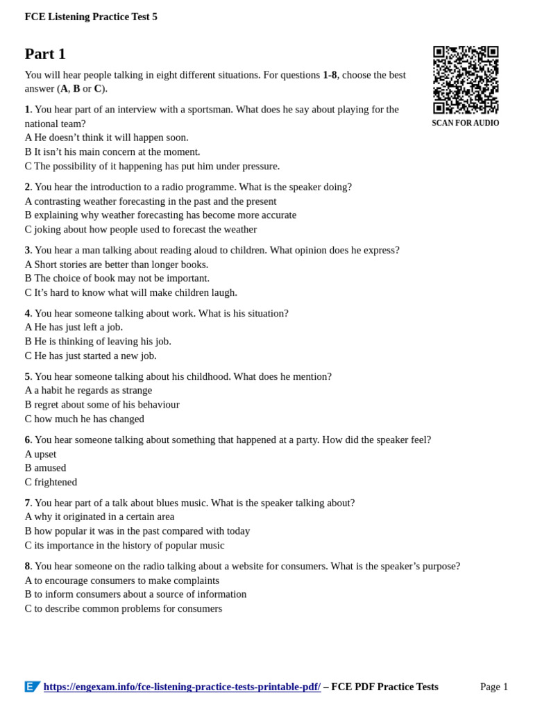 FCE Listening Test 5 Printable (2024 Edition) | PDF