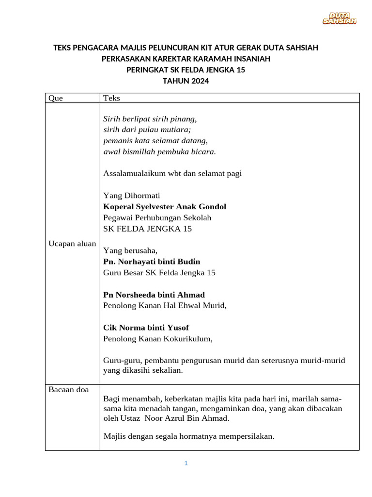 Teks Pengacara Majlis Duta Sahsiah 2024 | PDF