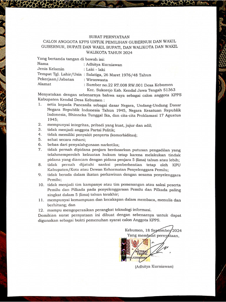 Surat Pernyataan Calon Anggota Kpps | PDF