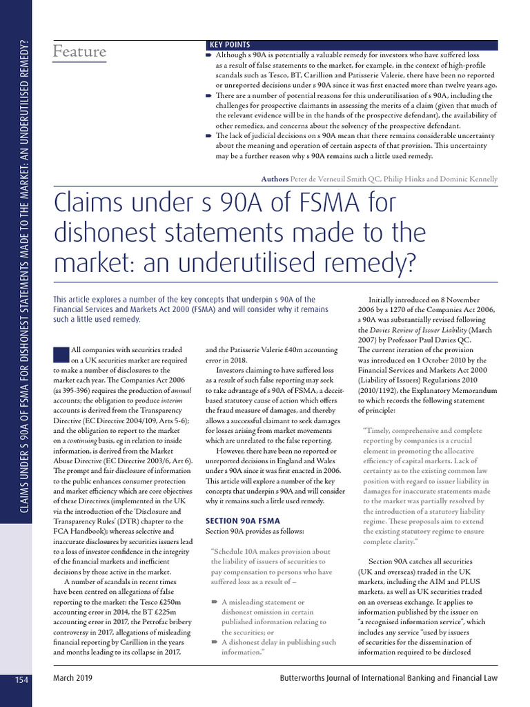 4.claims Under S 90A of FSMA For Dishonest Statements Made To The ...