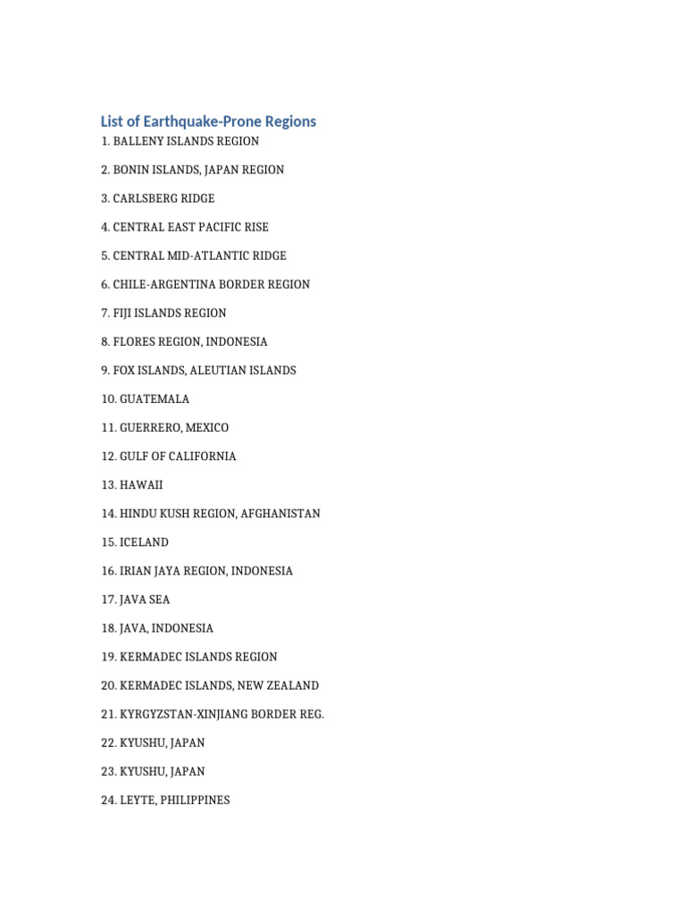 Earthquake-Prone Regions List | PDF | Pacific Ocean