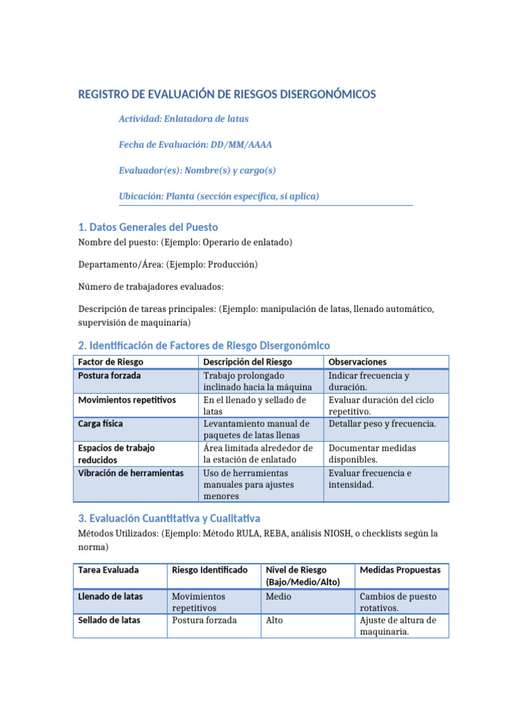 Registro Evaluacion Riesgos Disergonomicos Enlatadora | PDF | Factores humanos y ergonomía