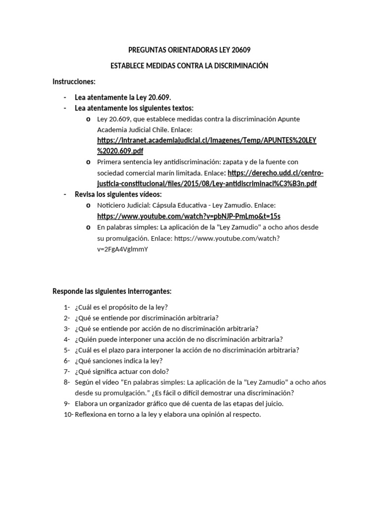 Preguntas Orientadoras Ley 20609 | PDF | Discriminación | Demanda judicial