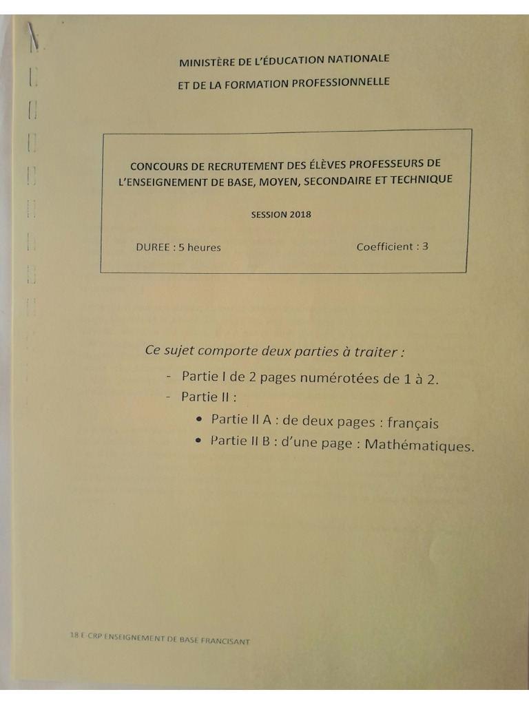 Concour Élèves Prof Sujet 2018 | PDF