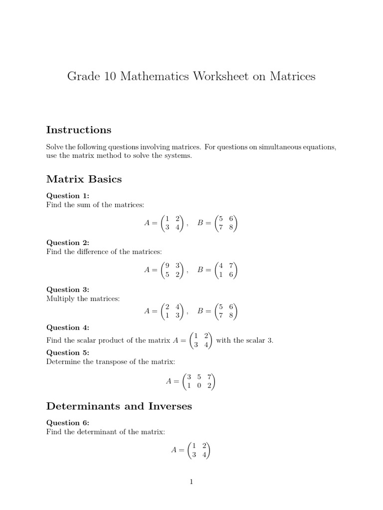 Matricies Worksheet | PDF | Matrix (Mathematics) | Determinant