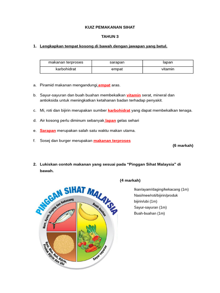 Skema Kuiz Pemakanan Sihat THN 3 | PDF