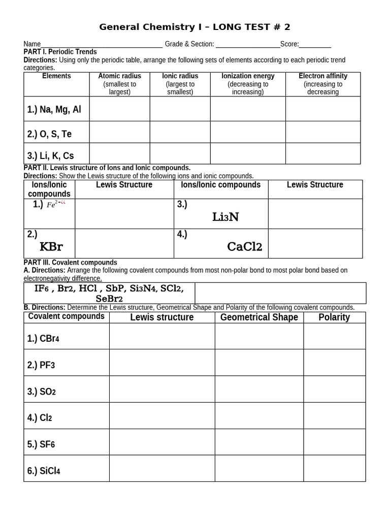 Final Long Test 1 in General Chemistry | PDF