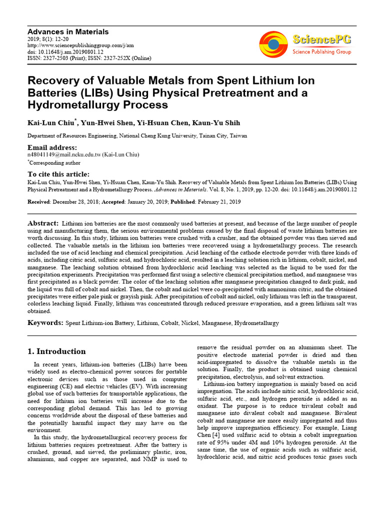 Recovery of Valuable Metals From Spent Lithium Ion Batteries (Libs ...