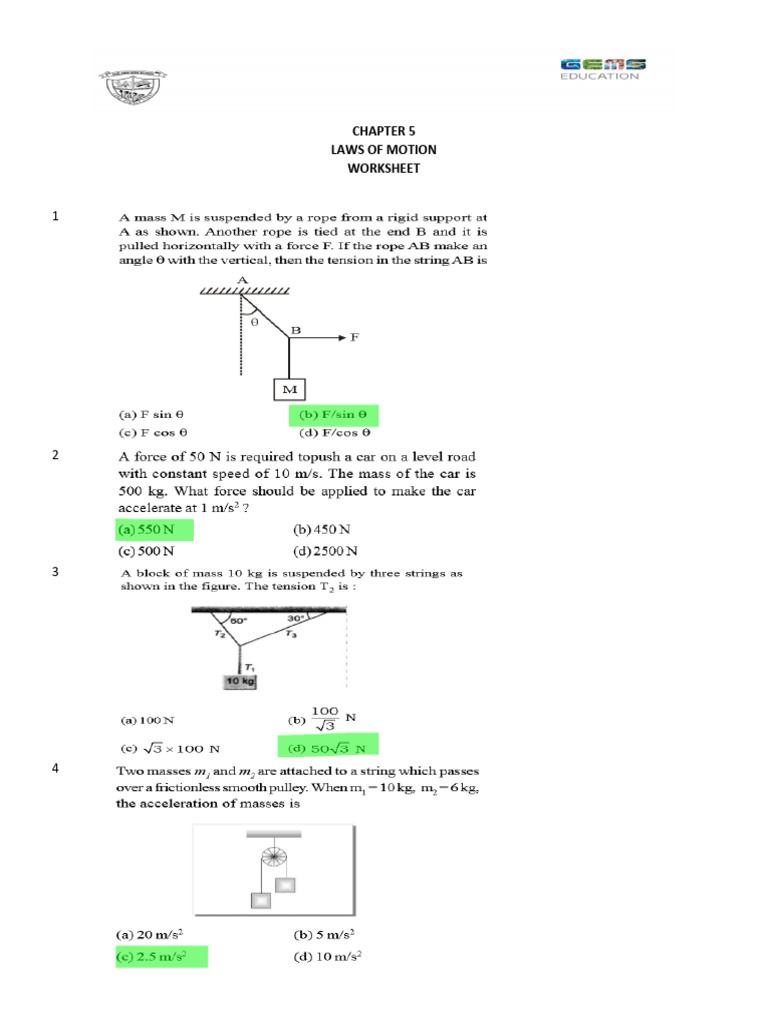 Laws of Motion Worksheet | PDF | Force | Mechanics