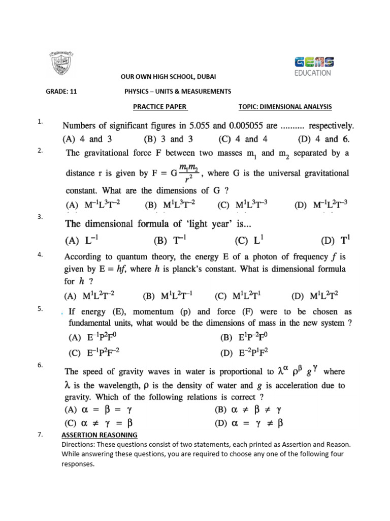 Practice Paper - Question Bank - Units Dimensions | PDF | Force | Applied And Interdisciplinary ...