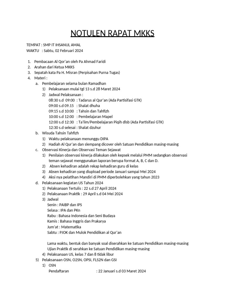 Notulen Rapat MKKS SMP IT 2024 | PDF