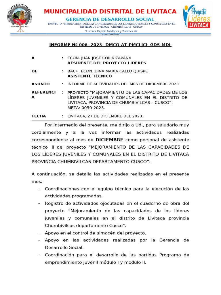 INFORME #006-2023-DMCQPMCLJCL-GDS-MDL Mes DICIEMBRE | PDF